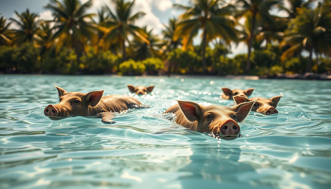 Die schwimmenden Schweine am Bahamas Schweine Strand